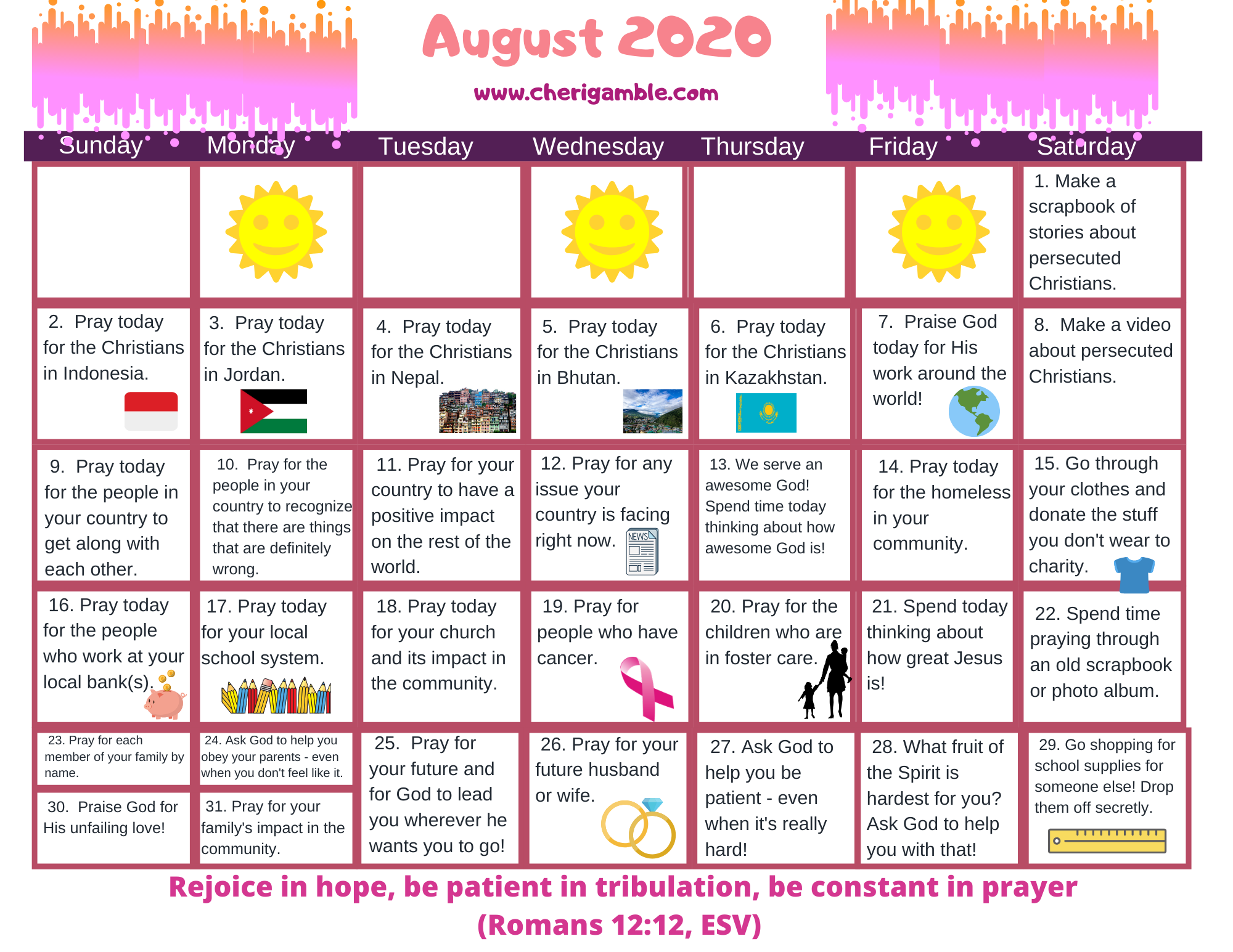 August Prayer Calendar for Kids – Cheri Gamble