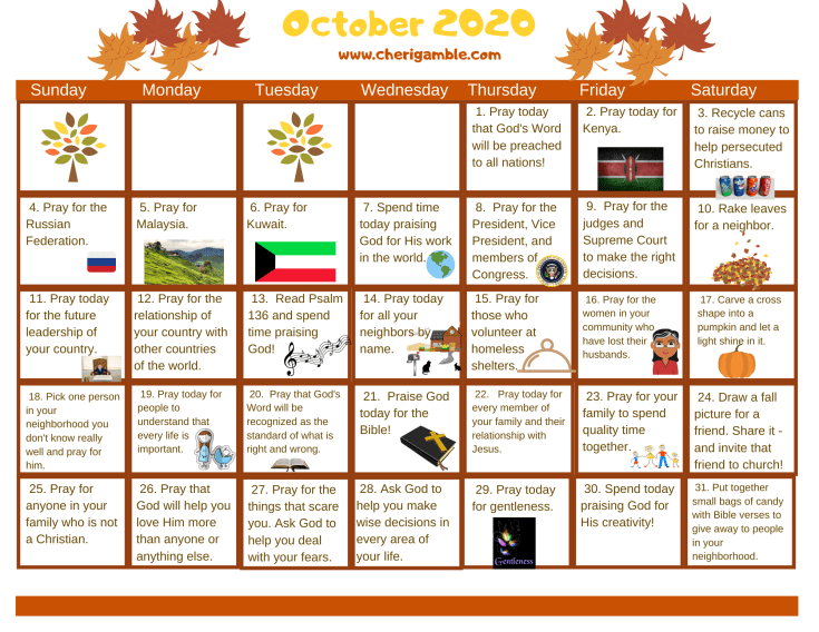 October Prayer Calendar for Kids – Cheri Gamble
